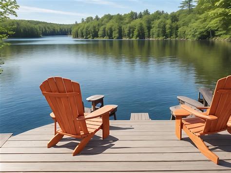 Premium Ai Image Scenic Lake View With Two Adirondack Chairs On A