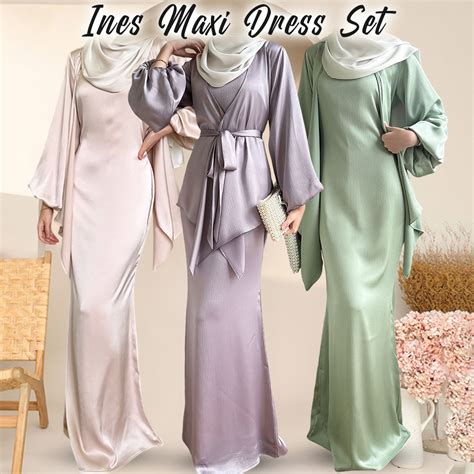 Muslimah Baju Kurung Shantung Silk Solid Color Belted Dress Baju Raya