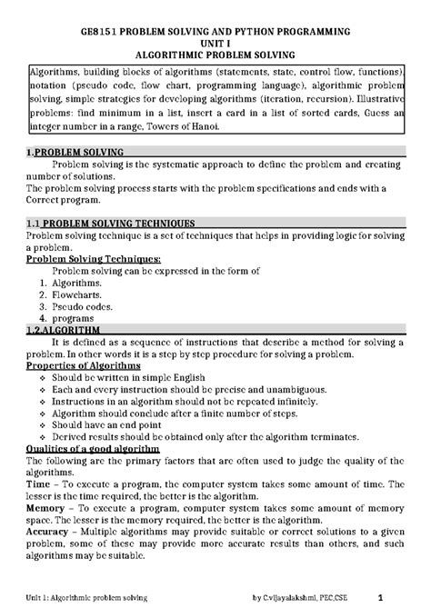 Ge8151 Problem Solving And Python Programming Unit I Notes Studocu
