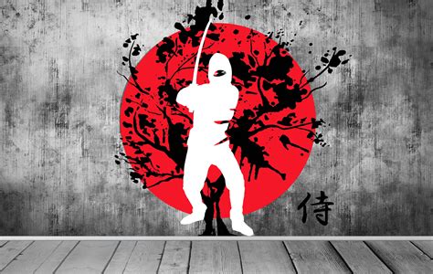Japan Flag Japanese Warrior Samurai Modern Wallpaper Blossom Tree Mural