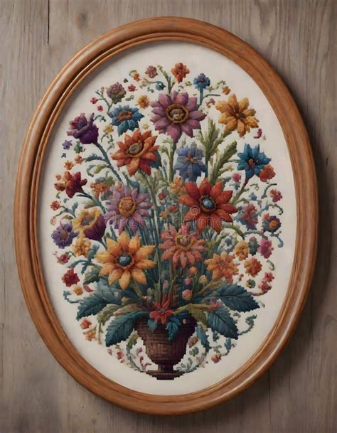 Handcrafted Embroidery Of Floral Design In Oval Frame Generative Ai Stock Illustration