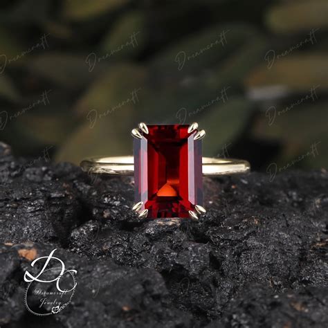 Emerald Cut Garnet Engagement Ring 4ct Solid 14k Gold Promise Ring