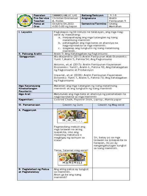 Detailed Lesson Plan Kahalagahan Ng Pagkonsumo Pdf