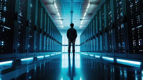Silhouette Of A Person Standing In The Middle Of A Data Center Aisle