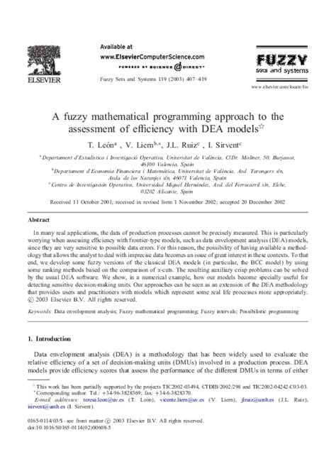 Pdf A Fuzzy Mathematical Programming Approach To The Assessment Of Efficiency With Dea Models
