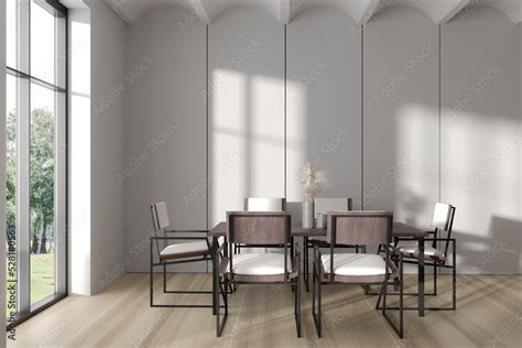 Side View On Bright Dining Room Interior With Dining Table Stock