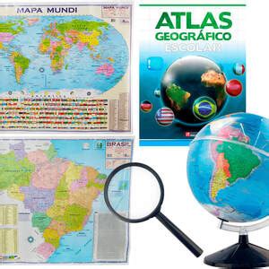 Kit Globo Terrestre Cm Led Lupa Atlas Mapa Do Brasil E Mapa Mundi Atualizado Escolar