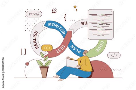 Devops Concept With Character Situation In Flat Design Woman Developer Working On Project