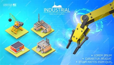 현실적인 기계 자동화 로봇 팔과 아이소 메트릭 건설 크레인 공장 창고 현대 산업 조명 템플릿 무료 벡터