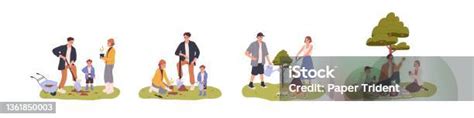 성장은 진행 중입니다 과일 나무를 성장하기 위해 모종을 심는 아이와 가족 라이프 사이클 및 개발 단계 개념 묘목에 대한 부모와 육아 흰색으로 격리된 플랫 벡터 일러스트레이션