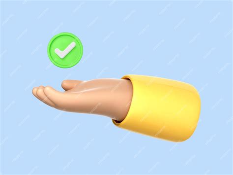3d мультфильм рука держит зеленый значок галочки рука держит готовый
