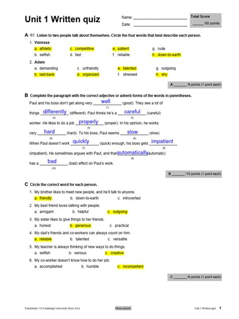 Touchstone 3 2nd Edition Quiz Unit 1 Answer Pdf Syntax Grammar
