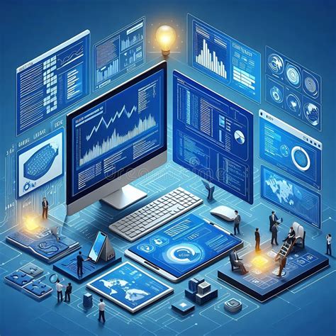 Computer Screens Modern Infographic Statistics Data Analytics And Data Management Image 1 Stock