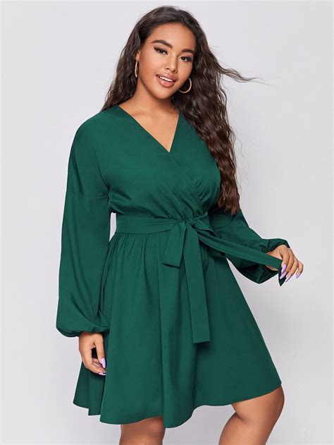 Plus Bishop Sleeve Surplice Belted Dress Shein Usa In 2021 Dresses