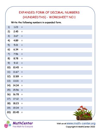 Expanded Form Of Decimal Numbers Hundredths Worksheet No 1