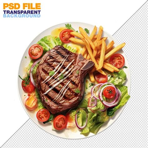 сочный стейк с картошкой фри на прозрачном фоне Премиум Ai