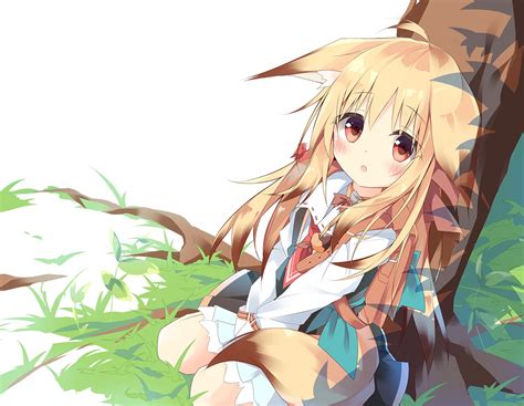 Animal Ears Blonde Hair Blush Dress Foxgirl Grass Kushida You Loli Long