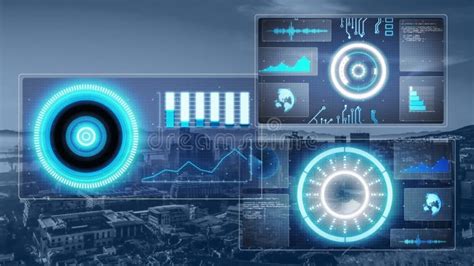 Animation Of Data Processing With Scope Scanning Over Cityscape Stock