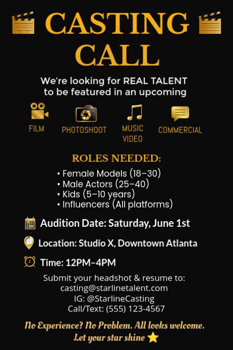 Black Modern And Minimal Casting Call Poster Template Postermywall
