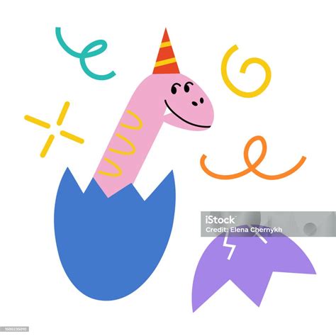 파티 모자를 쓴 즐거운 아기 공룡 깨진 달걀에 작은 디플로도쿠스 생일을 축하하는 것 색종이 조각의 벡터 낙서 그림 인사말 카드를