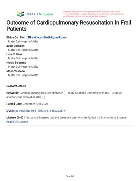 Pdf Outcome Of Cardiopulmonary Resuscitation In Frail Patients
