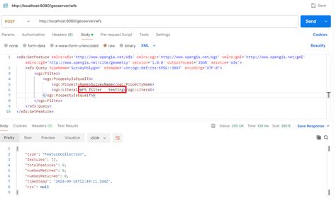 Wfs Request With Ogc Filter In Xml Payload Not Returning Matching