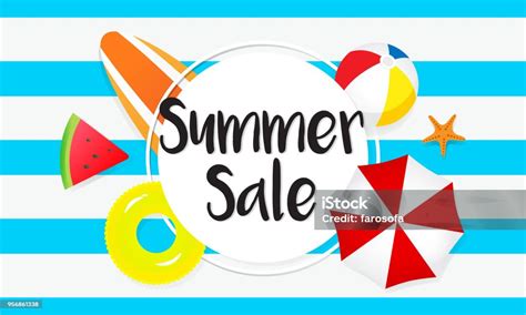 여름 판매 배너 벡터 일러스트입니다 수영장 장난감 노란색 고무 반지와 비치 우산 블루 줄무늬 배경 여름에 대한 스톡 벡터 아트 및 기타 이미지 Istock