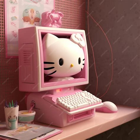 Premium Photo There Is A Hello Kitty Computer On A Desk With A Mouse Generative Ai