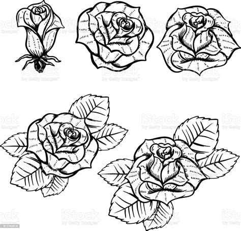 오래 된 학교 문신 스타일 장미 흰색 배경에 고립 된 설정 합니다 포스터 엽서 티셔츠에 대 한 요소를 디자인 합니다 벡터 일러스트 레이 션 0명에 대한 스톡 벡터 아트 및