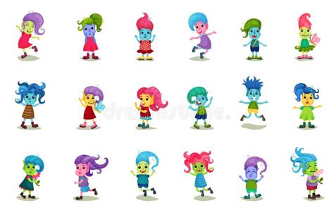 Cute Troll Characters With Different Skin And Hair Color Big Vector Set Stock Vector