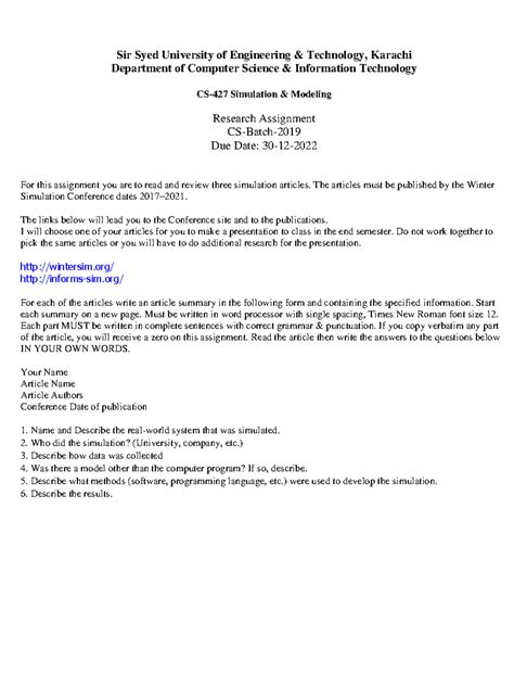 Research Assignment Simulation Practice Sir Syed University Of