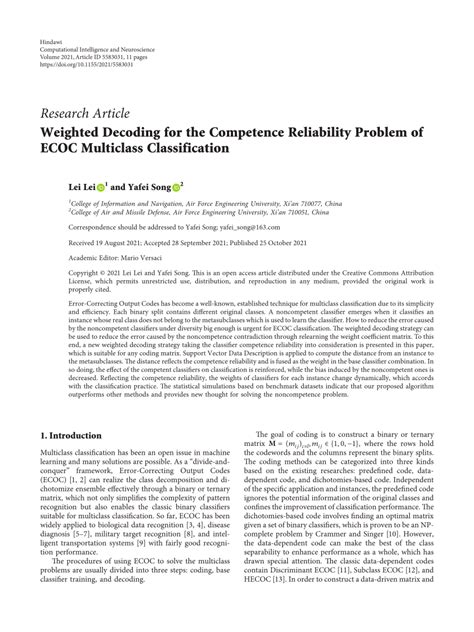 PDF Weighted Decoding For The Competence Reliability Problem Of ECOC Multiclass Classification