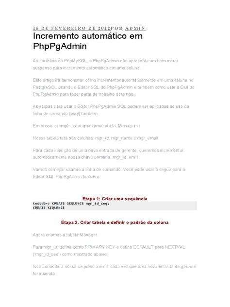 Postgres Autoincremento No Phppgadmin Web Pdf Sql Tabela