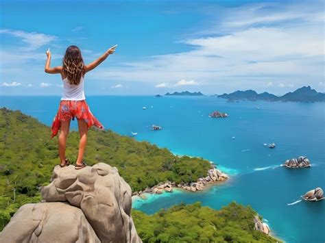 Premium Photo Photo Beautiful Girl Sitting On Viewpoint At Koh