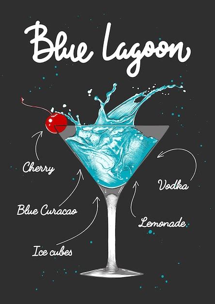 Estilo grabado vectorial cóctel alcohólico blue lagoon boceto dibujado