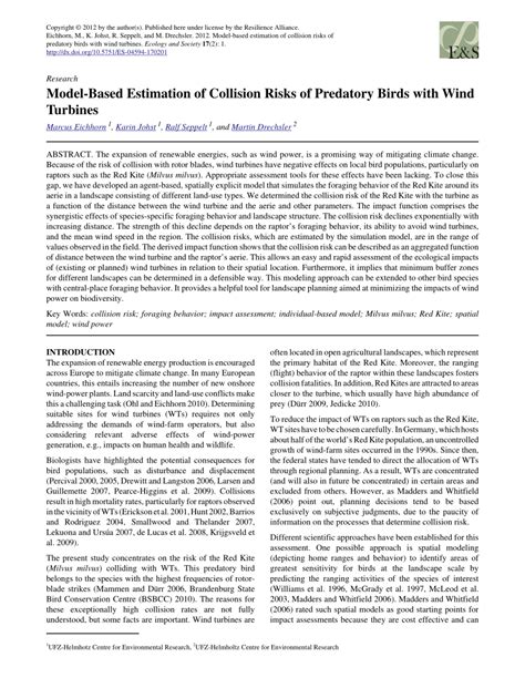 Pdf Model Based Estimation Of Collision Risks Of Predatory Birds With Wind Turbines