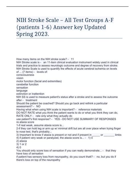 Nih Stroke Scale All Test Groups A F Patients 1 6 Answer Key Updated Spring 2023 Nih
