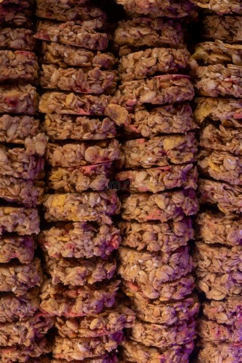 Oat And Corn Flakes Cookies Healthy Natural Food Rows Are Stacked On