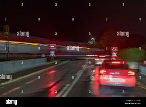 Train Crossing A Level Crossing At Night Movement Schnaittach Middle
