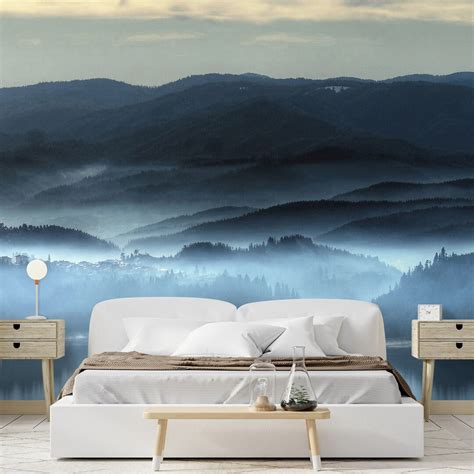 Navy Blue Mountain Wall Art Mountain Wall Mural Peel And Stick Foggy