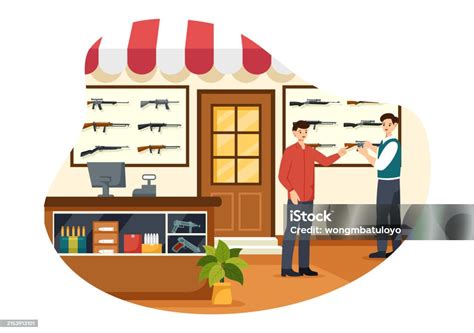 총기 상점 또는 사냥 벡터 일러스트 레이 션 소총 총알 무기 및 사냥 장비를 특징 플랫 스타일 만화 배경 디자인 고급에 대한 스톡 벡터 아트 및 기타 이미지 Istock