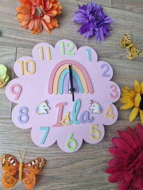 Rainbow Flower Clock Personalised Pastel Rainbow Clock Handmade
