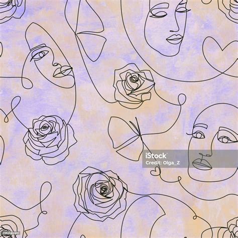 한 줄 그리기 추상적 인 연속 예술 여성 얼굴과 현대 원활한 패턴 0명에 대한 스톡 벡터 아트 및 기타 이미지 0명 검은색 꽃 식물 Istock