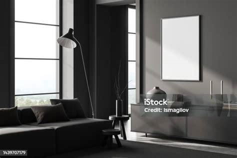 소파와 서랍이 있는 회색 거실 인테리어 파노라마 창문 모형 프레임 0명에 대한 스톡 사진 및 기타 이미지 0명 3차원 형태 가구 Istock