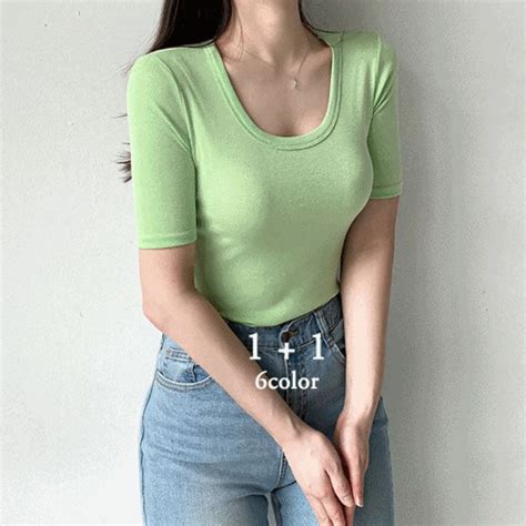 엘오브유 11 할인 6color 탄탄 여름 스판 슬림 유넥 무지 반팔 5부 티셔츠 쫄티