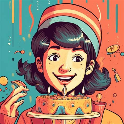 Uma Garota Está Segurando Um Bolo Enquanto Comemora Uma Ilustração De