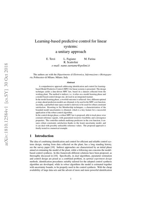 PDF Learning Based Predictive Control For Linear Systems A Unitary Approach