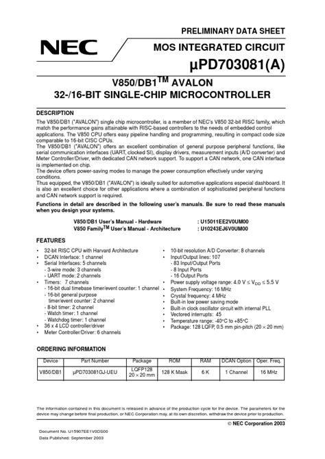 Upd703081 32 16 Bit Single Chip Microcontroller Nec