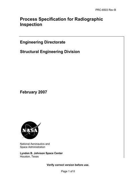 Process Specification For Radiographic Inspection Engineering Directorate Structural