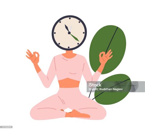시간 관리 머리에 시계를 들고 연꽃 자세로 앉아있는 여자 요가와 활동적인 라이프스타일 집중력 인식 및 동기 부여 평면 벡터